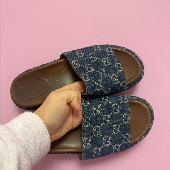 Gucci | Shoes | Gucci Blue Denim Monogram Platform Slides | Poshmark